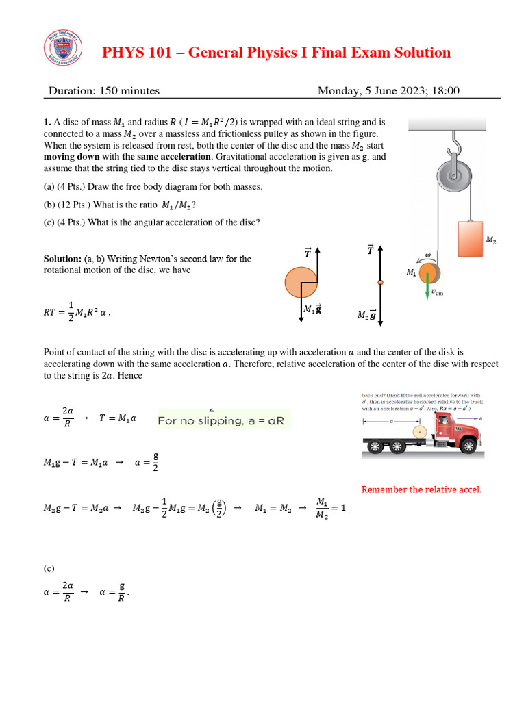 PHYS 101 - General Physics I Final Exam Solution: Duration: 150 Minutes ...
