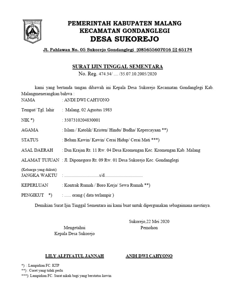 Surat Izin Tinggal Sementara Malang | PDF