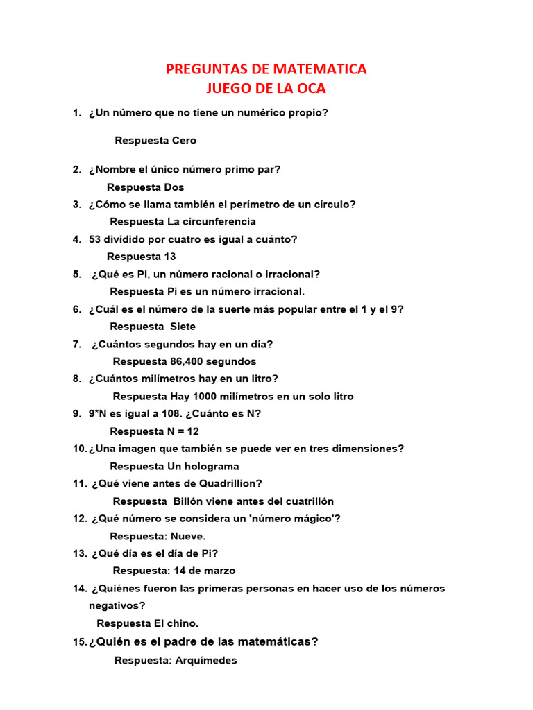 100 Preguntas de Matemáticas con Respuestas | PDF | Pi | Matemáticas