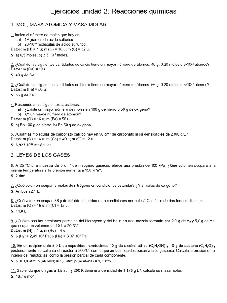 Ejercicios Unidad 2 | PDF | Cloro | Ácido clorhídrico