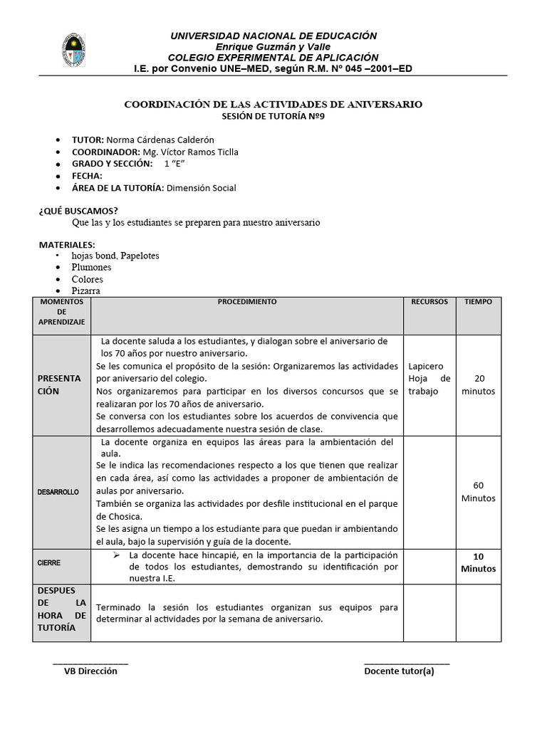 SESION 9 de Tutoria 2023 - COORDINACIÓN DE ACTIVIDADES POR ANIVERSARIO | Descargar gratis PDF ...