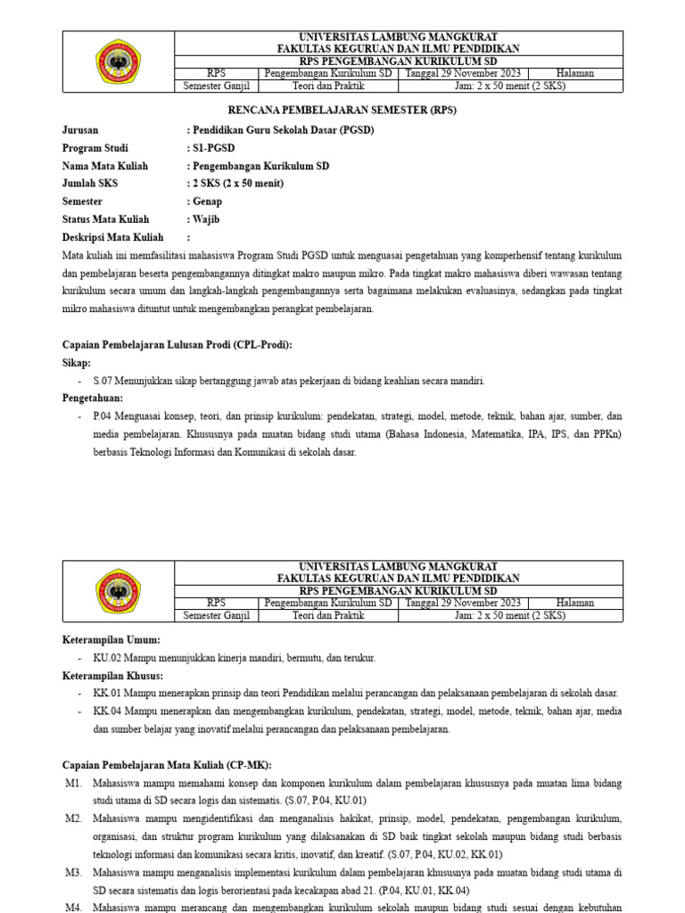 RPS Kurikulum Pembelajaran SD | PDF