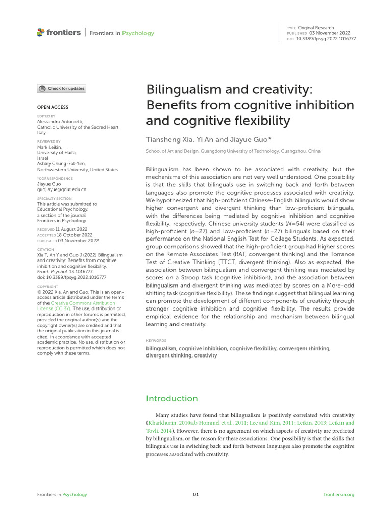 Bilingualism and Creativity: Benefits From Cognitive Inhibition and ...