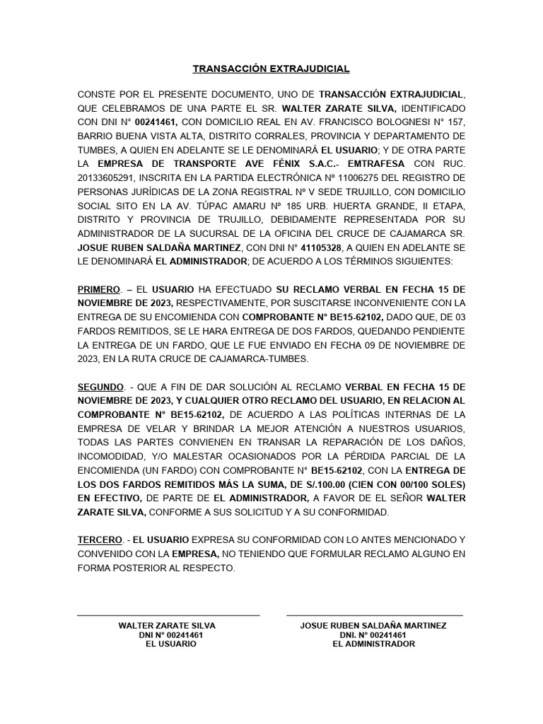 Transacción Extrajudicial Extravío Parcial de Encomienda Sr. Walter ...
