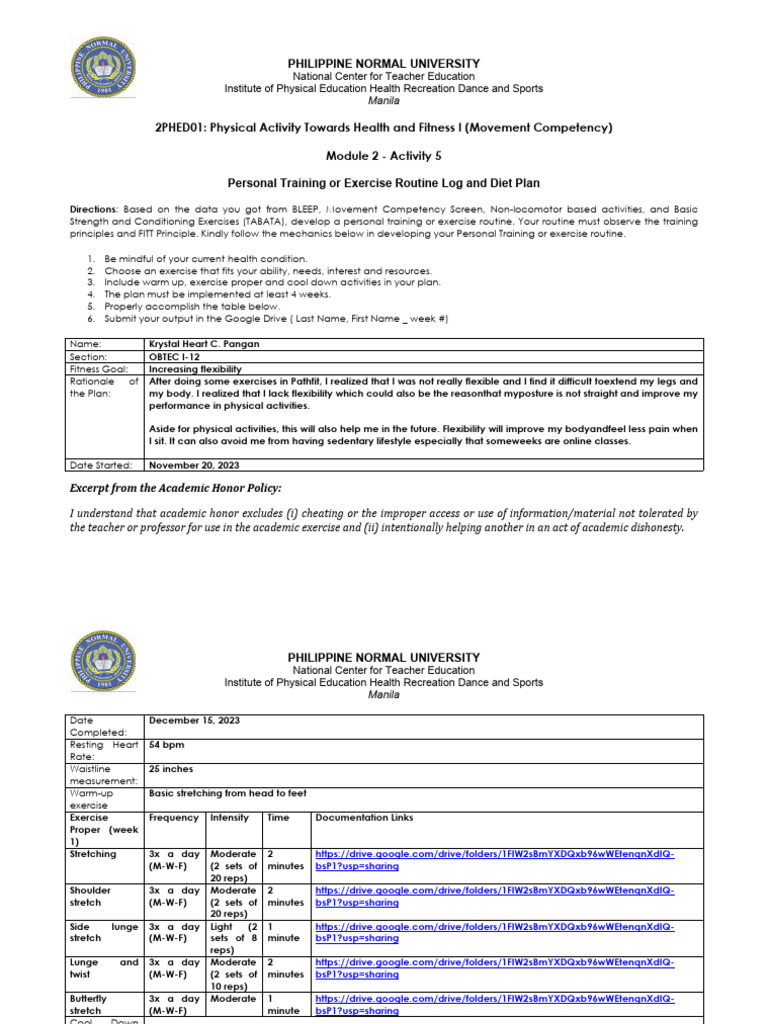 Week 4 Personal Training Log | Download Free PDF | Physical Fitness ...