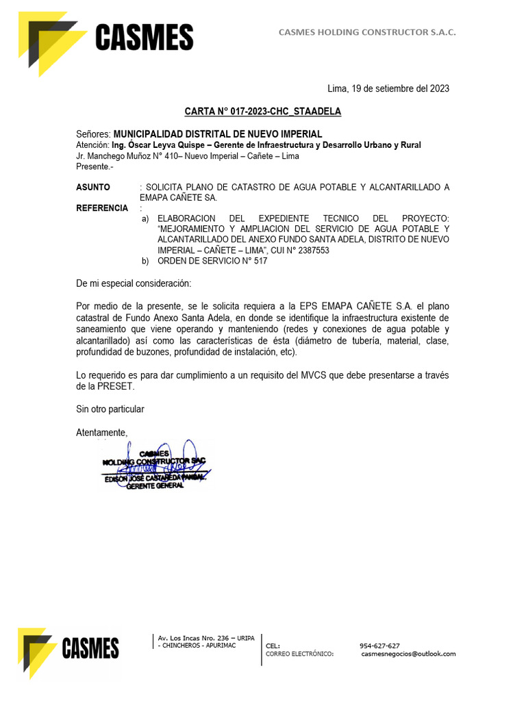 Carta 017-2023-CHC. Solicita Plano Catastral A EMAPA CAÑETE | PDF