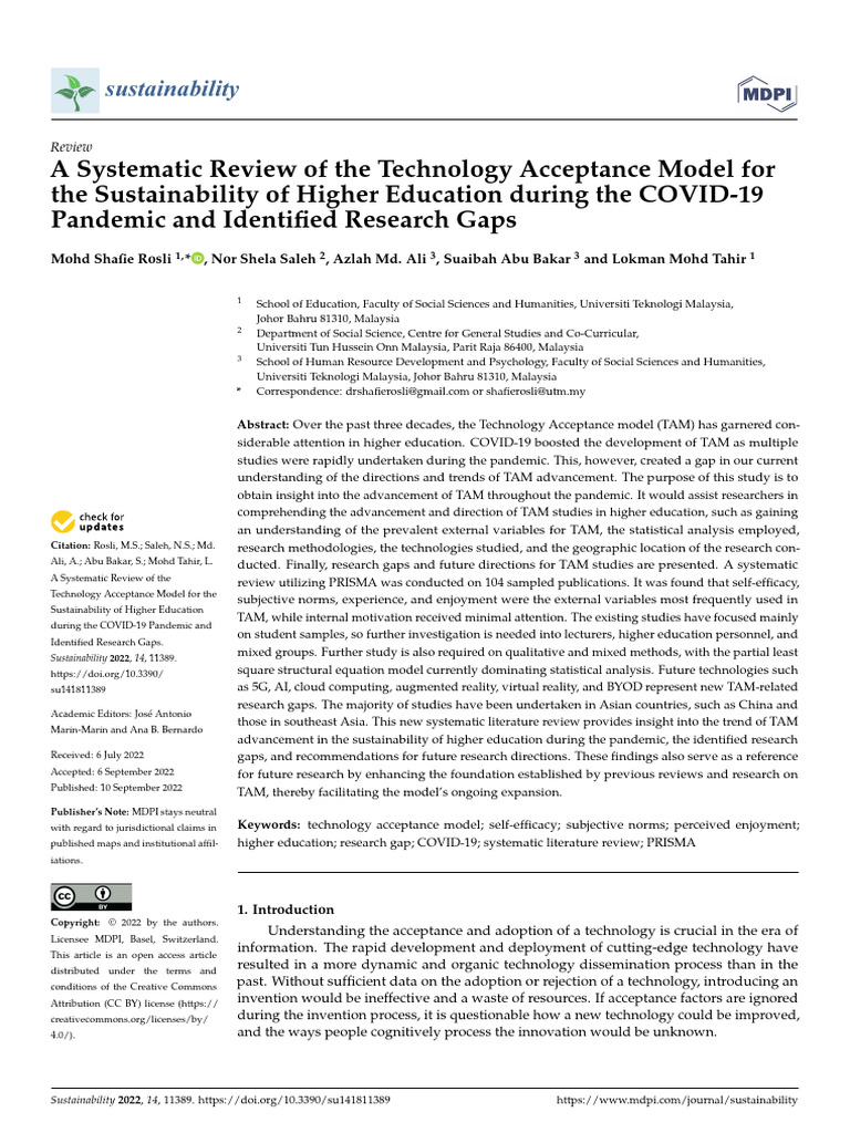 A Systematic Review of The Technology Acceptance Model For The Sustainability of Higher ...