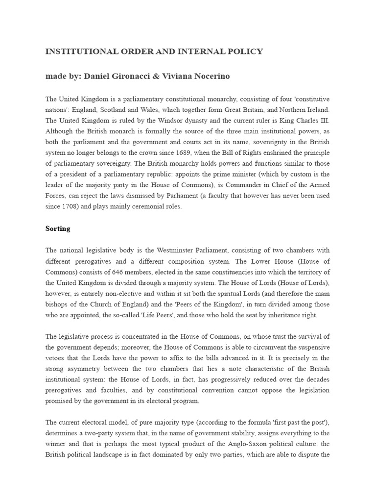 Institutional Order and Internal Policy | PDF | Monarchy Of The United ...