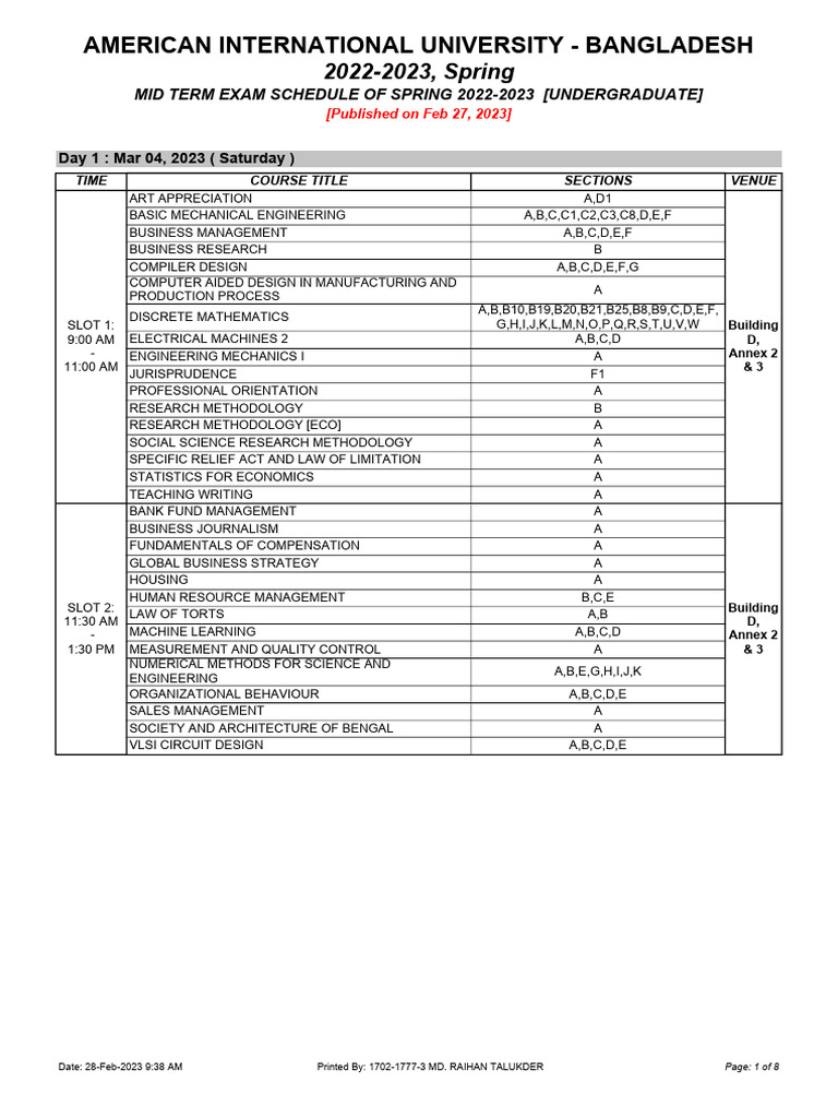 Revised Mid Term Exam Schedule of Spring 2022 2023 (Undergraduate) (Feb.28) | PDF | Mathematical ...