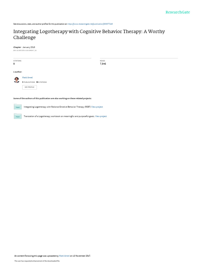 Integrating Logotherapy With Cognitive Behavior Therapy: A Worthy ...