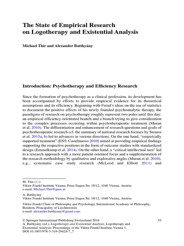 The State of Empirical Research On Logotherapy and Existential Analysis | PDF | Psychotherapy ...