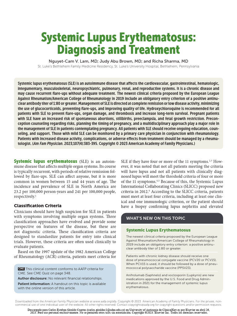 Systemic Lupus Erythematosus - Diagnosis and Treatmen | Download Free ...