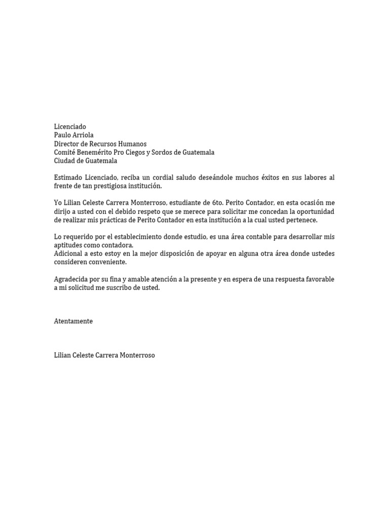 Carta Solicitud de Prácticas - Lilian Carrera | PDF