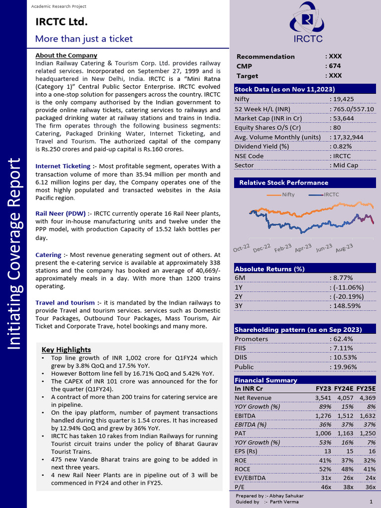 IRCTC Initial Coverage Report 1700918105 | PDF | Economic Growth | Tourism