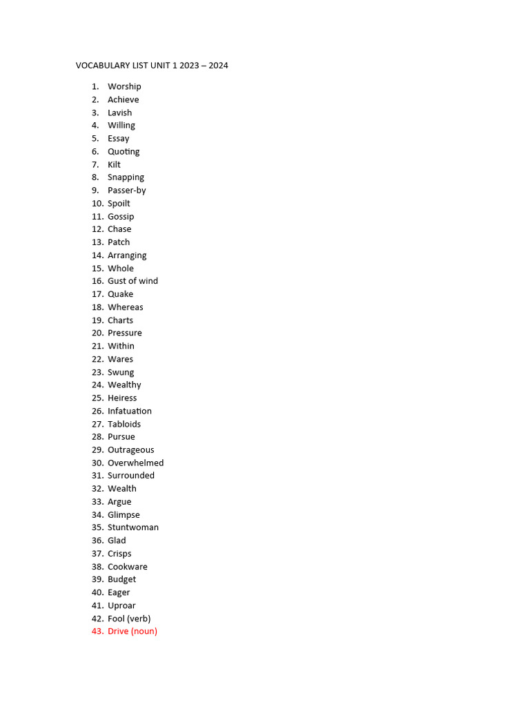 Unit 1 Vocabulary List 2023-2024 | PDF