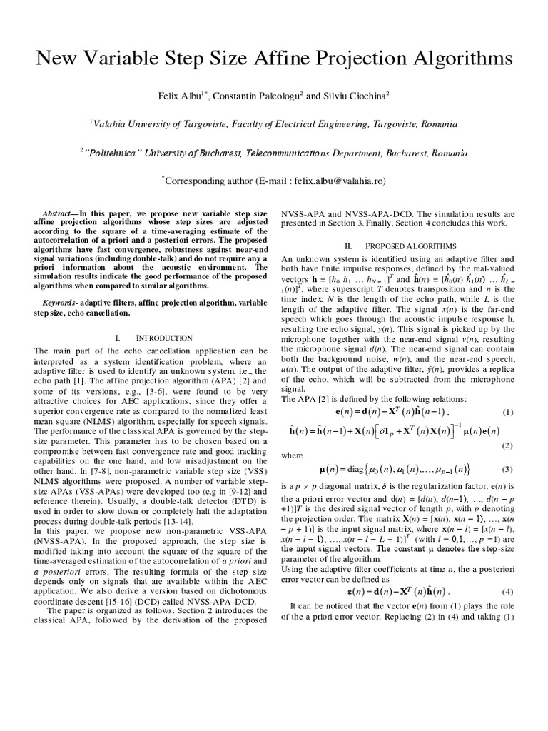 New Variable Step Size Affine Projection | PDF | Signal To Noise Ratio | Mathematics
