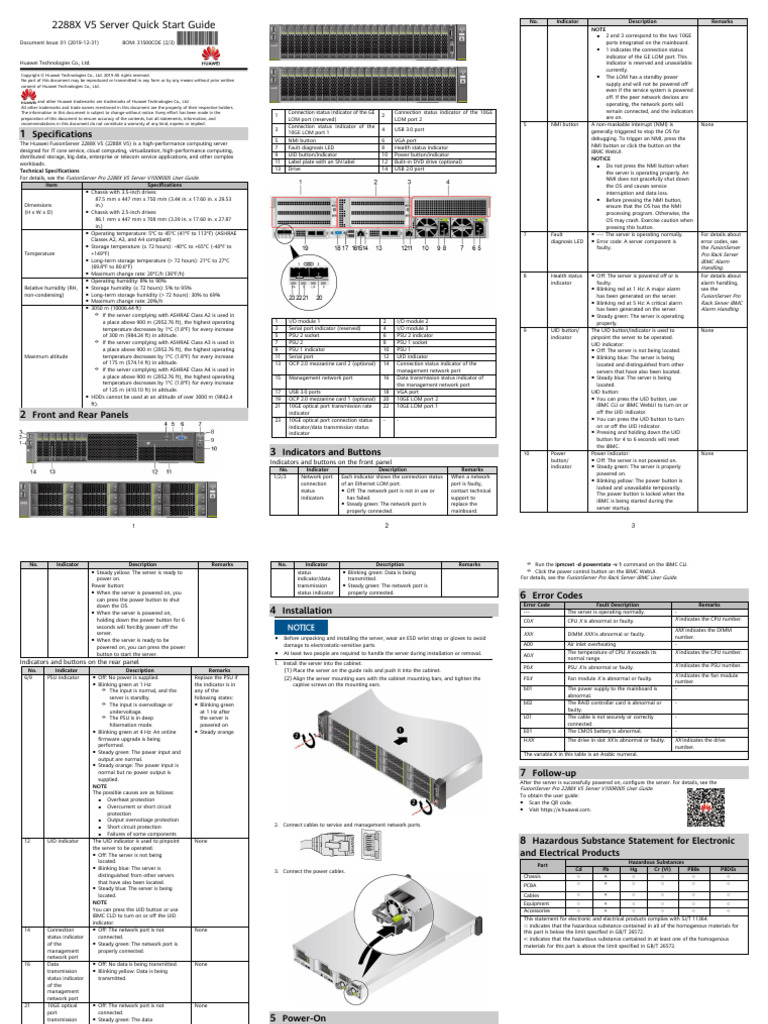 FusionServer Pro 2288X V5 Server V100R005 Quick Start Guide 01 | Download Free PDF | Humidity ...