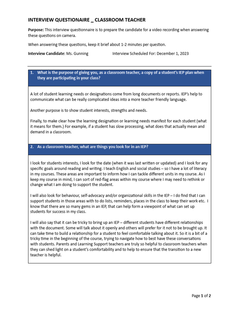 Interview Questionaire - Classroom Teacher | PDF | Individualized Education Program | Dyslexia