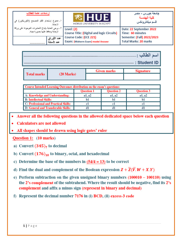 Answer Midterm Exam - Digital and Logic Circuits - ECE 221 - Fall 2022 2023 | PDF