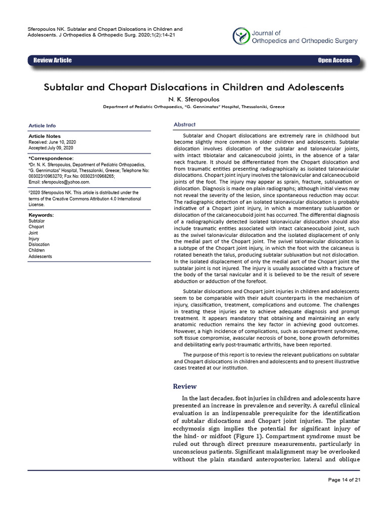 Subtalar and Chopart Dislocations in Children and Adolescents | PDF ...