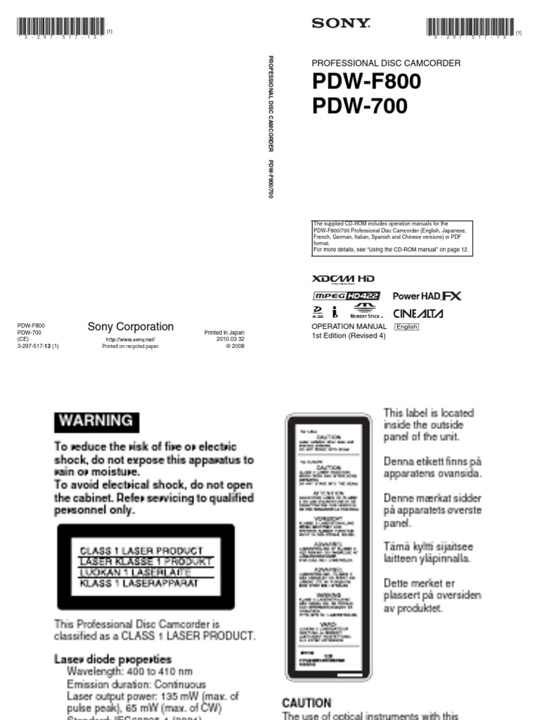 PDW-F800 PDW-700: Sony Corporation | PDF