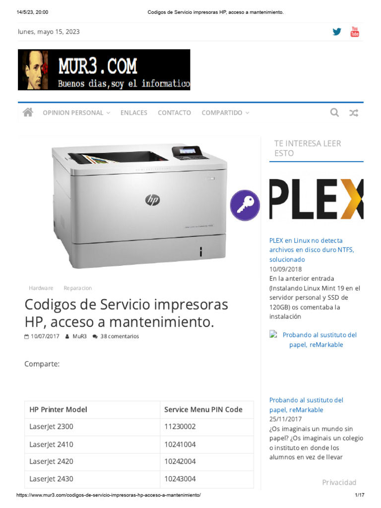 Codigos de Servicio Impresoras HP, Acceso A Mantenimiento | Descargar gratis PDF | Windows 10 ...