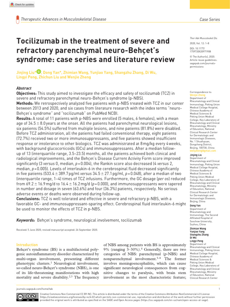 Liu Et Al 2020 Tocilizumab in The Treatment of Severe and Refractory Parenchymal Neuro Behcet S ...