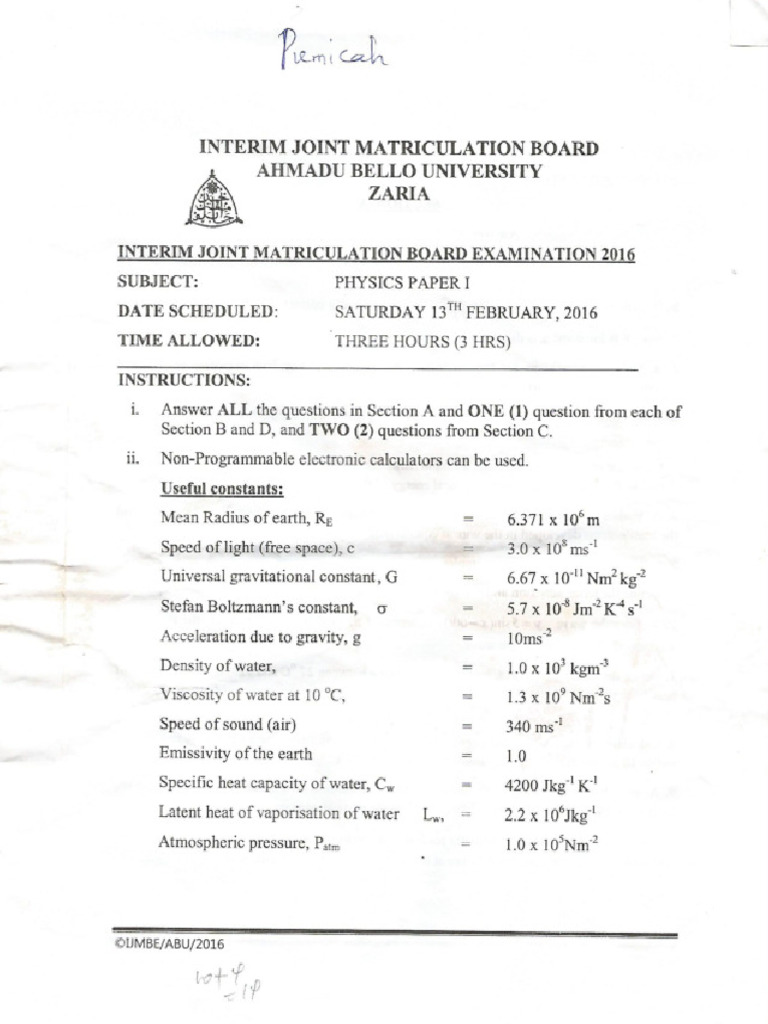 IJMB Physics Paper I Past Questions and Answer | PDF