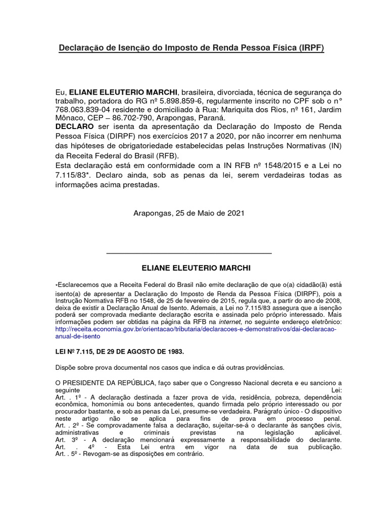Declaração de Isenção Do Imposto de Renda Pessoa Física - 2021-05 ... Declaração de Isenção Do Imposto de Renda Pessoa Física - 2021-05 ...