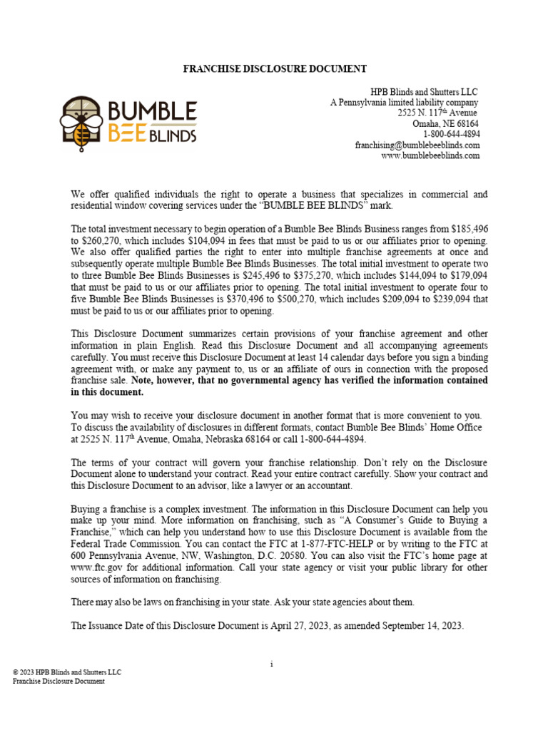 Franchise Disclosure Document | PDF | Franchising | Private Law