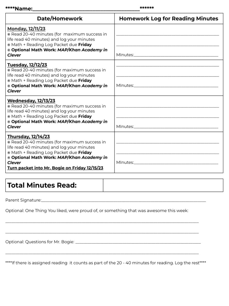 12 - 11 - 23 Homework - Reading Log | PDF | Career & Growth