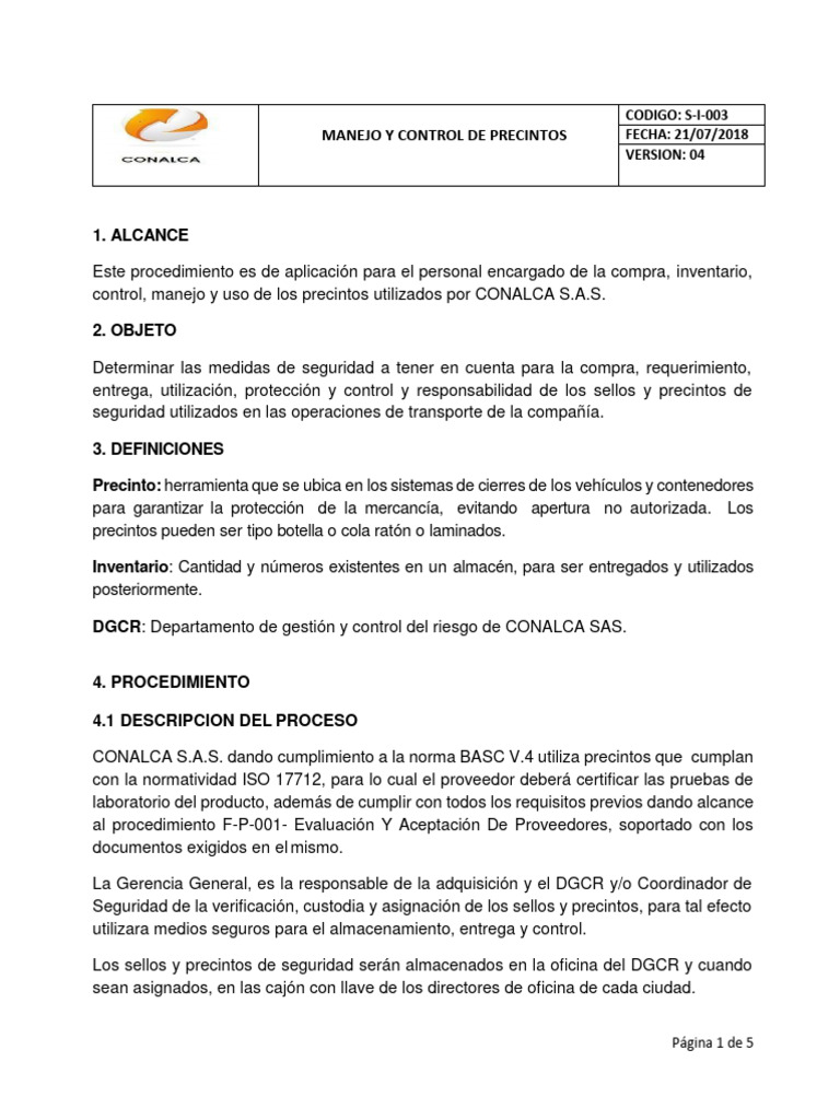 S-I-003 Manejo y Control de Precintos | PDF
