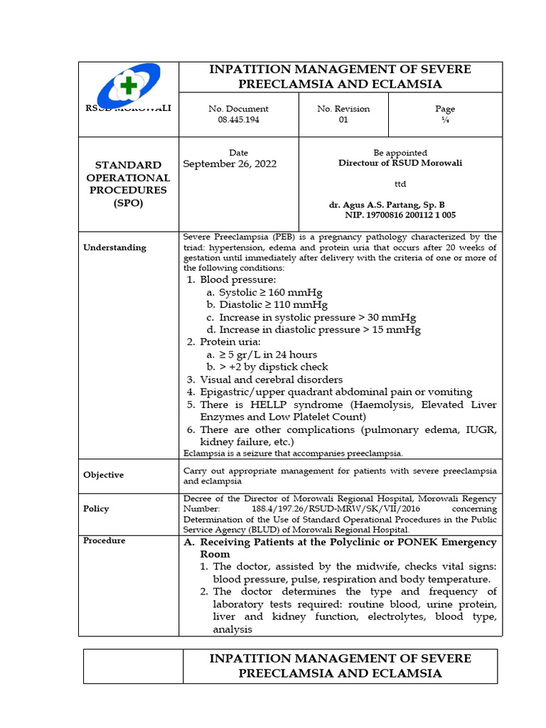 Standard Operational Procedure Preeeclamsia | PDF | Medical Specialties ...
