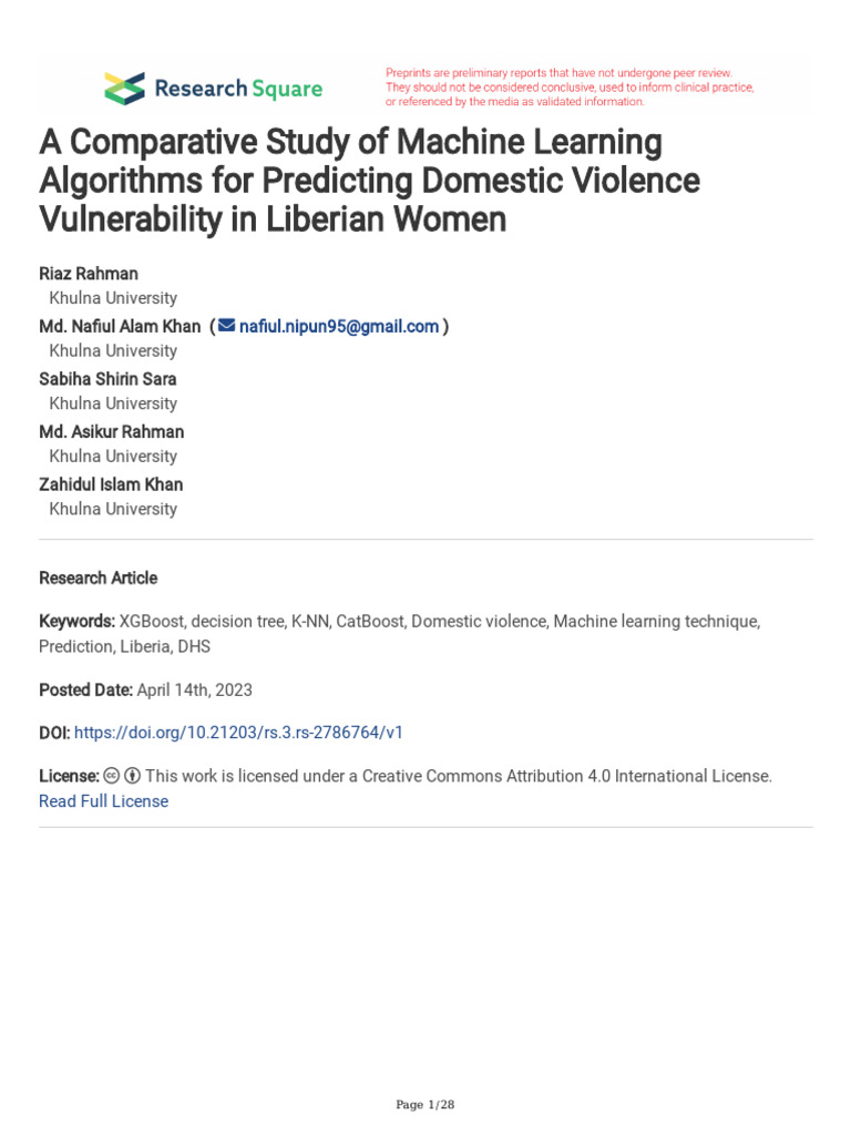 A Comparative Study of Machine Learning Algorithms For Predicting Domestic Violence ...