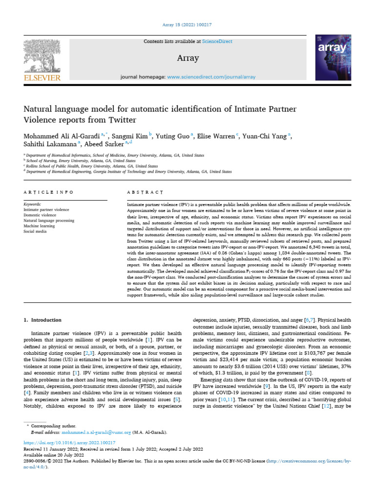 Natural Language Model For Automatic Identification Of Intimate Partner Violence Reports From