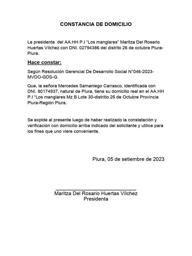 Constancia de Domicilio en Piura | PDF
