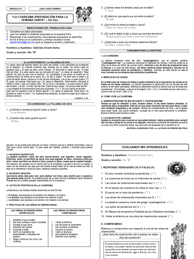 Clase 01 de RELIGIÓN para 5to JBG LA CUARESMA - 5 | PDF | Prestado | Jesús