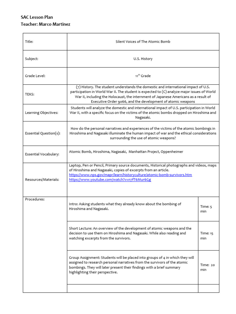 Sac Lesson Plan Marco | PDF | Atomic Bombings Of Hiroshima And Nagasaki ...