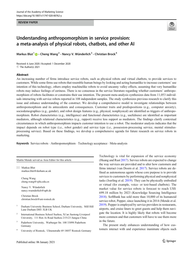 Understanding Anthropomorphism in Service Provision - A Meta-Analysis ... Understanding Anthropomorphism in Service Provision - A Meta-Analysis ...