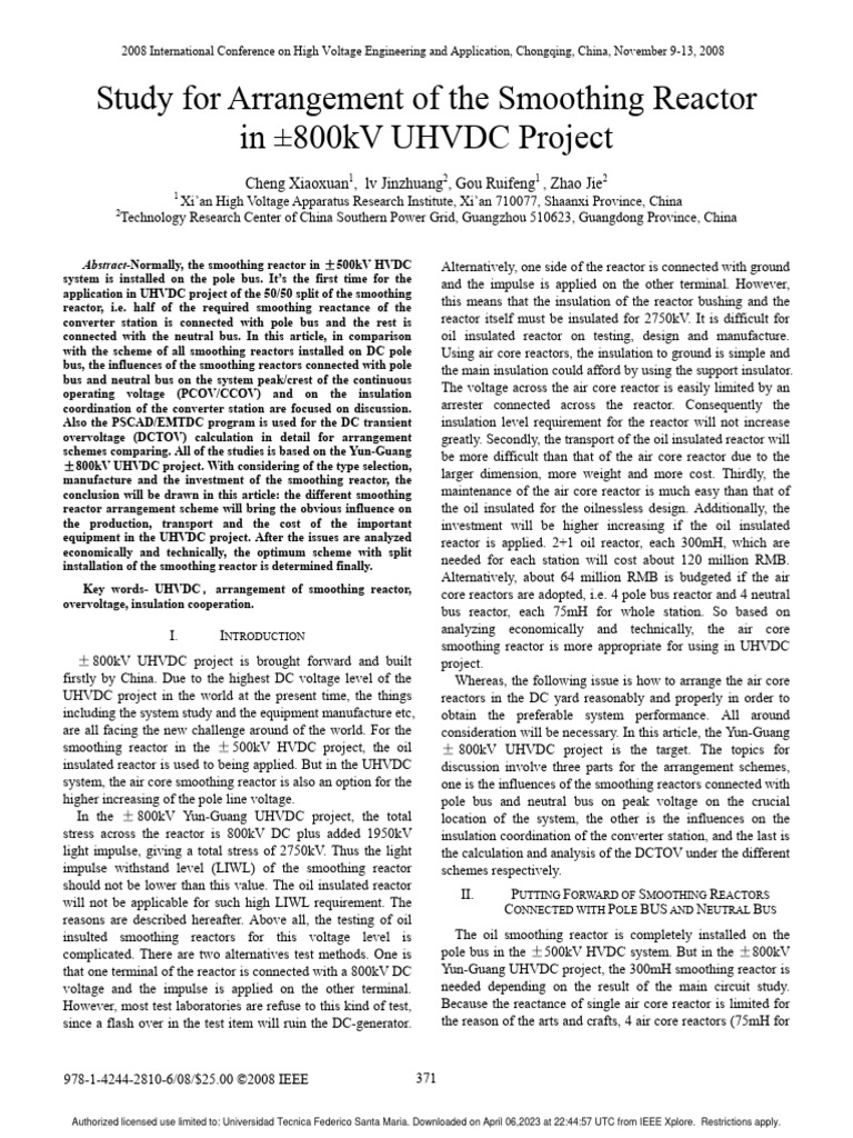 Study For Arrangement of The Smoothing Reactor in 800kV UHVDC Project ...