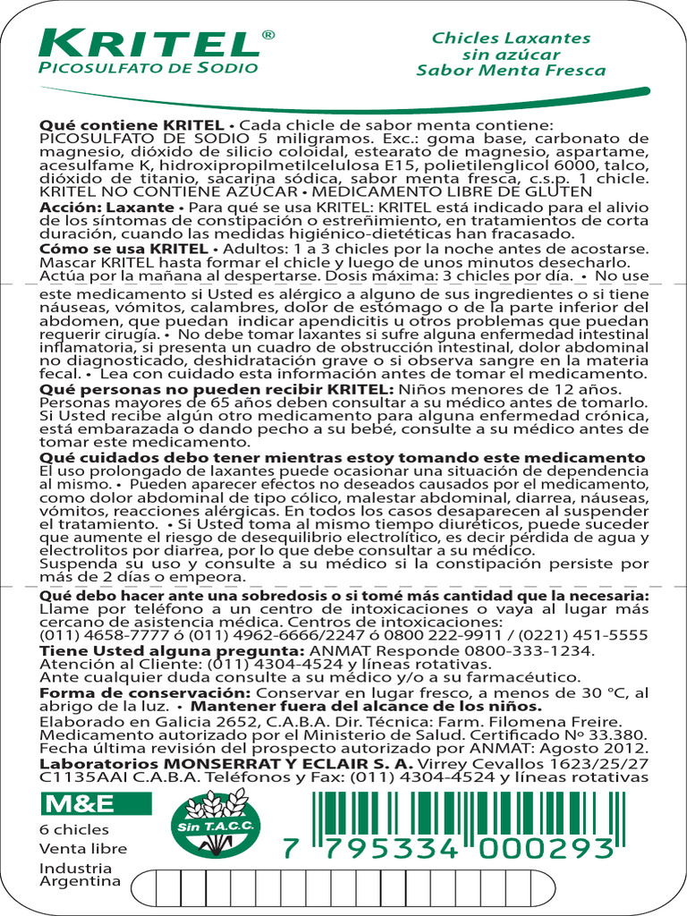 Kritel Chicles Prospecto 2 | PDF | Estreñimiento | Medicina