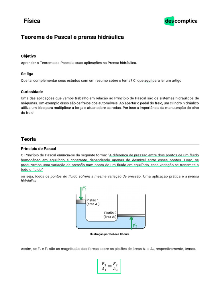 Turma de Fevereiro - Física 2 - Teorema de Pascal e Prensa Hidráulica ...