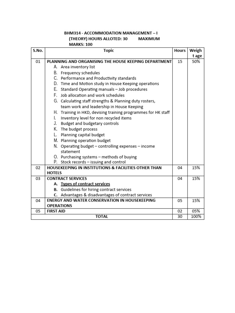 Housekeeping Management Course Syllabus | PDF | Finance & Money ...