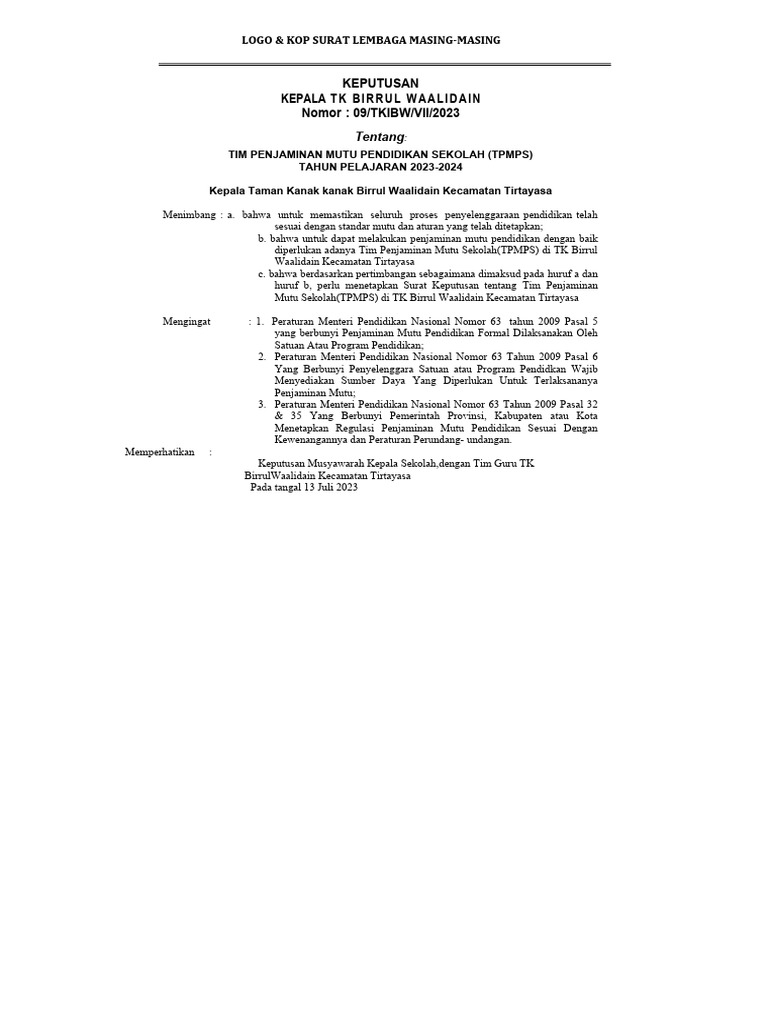 SK Tim Penjaminan Mutu Sekolah 1 | PDF