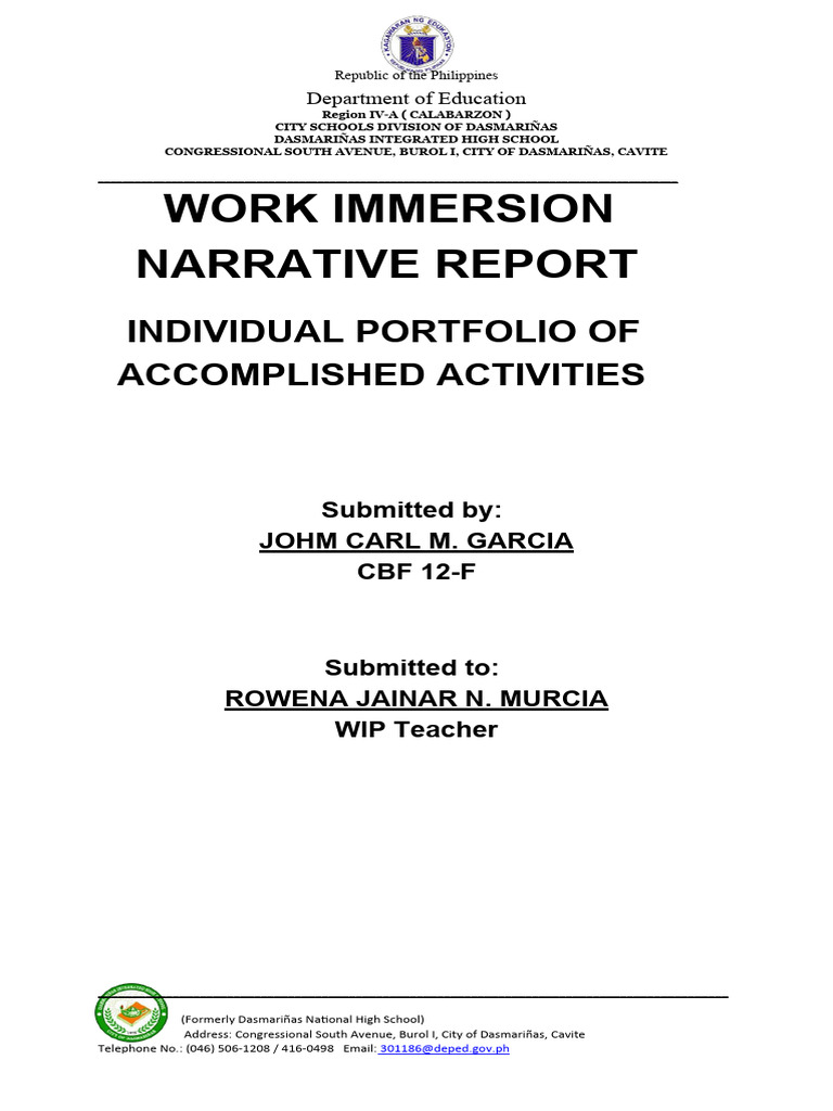 Work Immersion Narrative Report: Individual Portfolio of Accomplished ...