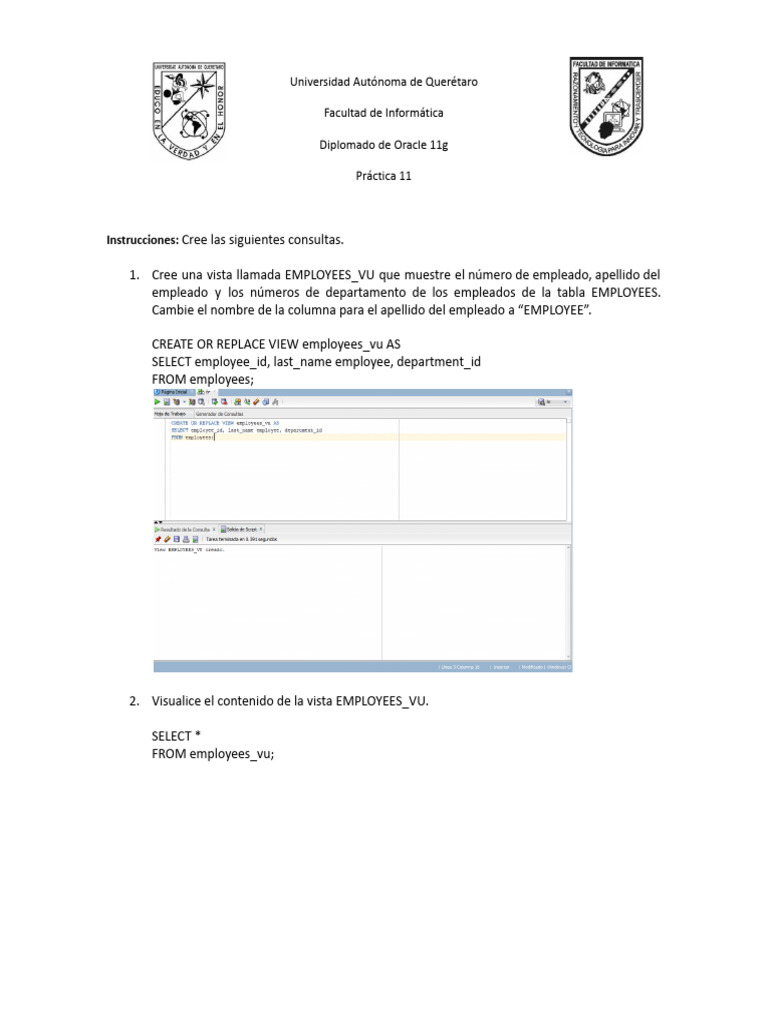 Práctica 11 Diplomado Oracle 11g | PDF | Gestión de datos | Bases de datos