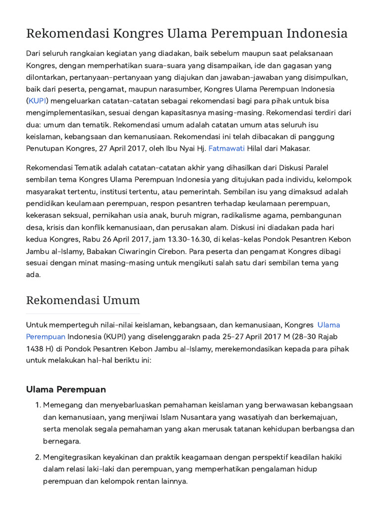 Rekomendasi Kongres Ulama Perempuan Indonesia - Kupipedia | PDF | Ilmu Sosial | Agama ...