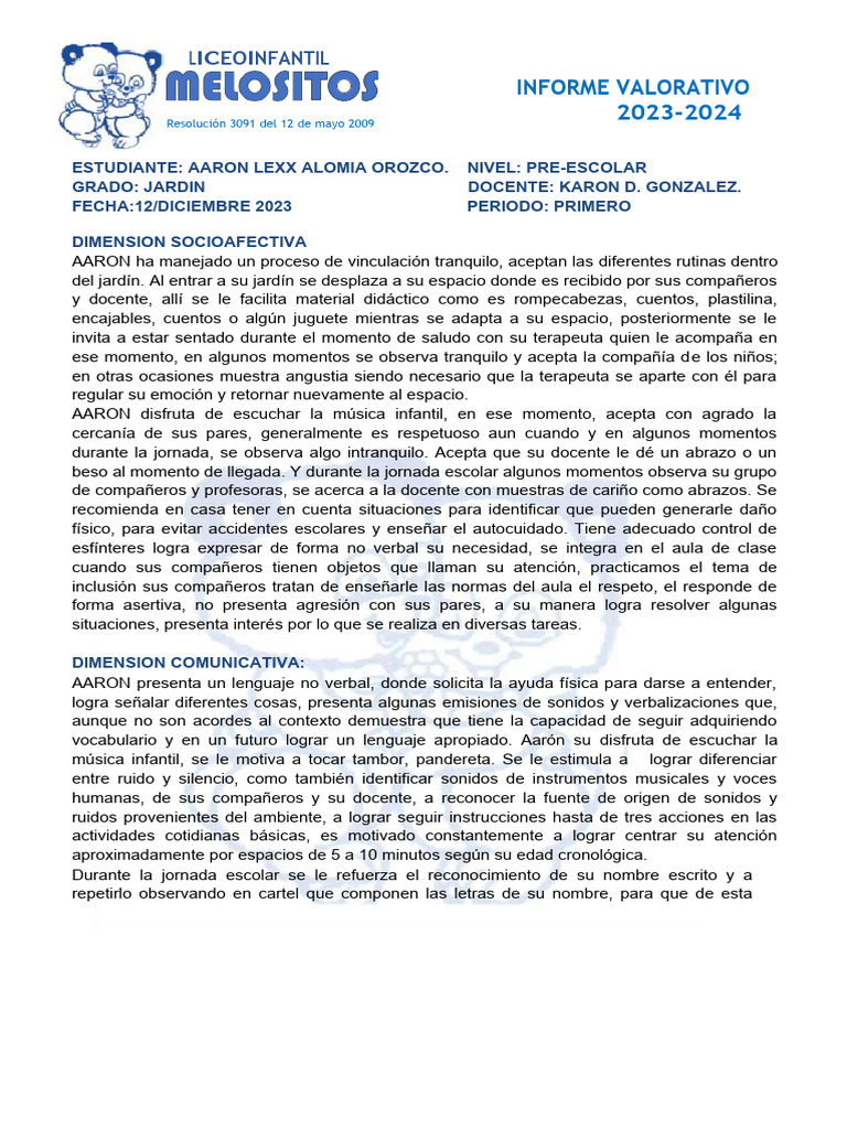 Informe Descriptivo Jardin | PDF | Comunicación no verbal | Inclusión ...