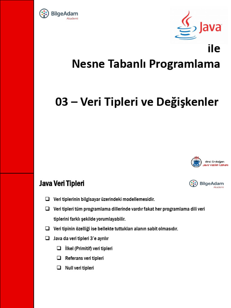 JavaSE 03 - Veri Tipleri Ve Değişkenler | PDF