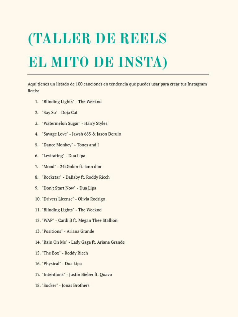 Plan de Ideas de Contenido y 100 CANCIONES EN TENDENCIA PARA TUS REELS ...